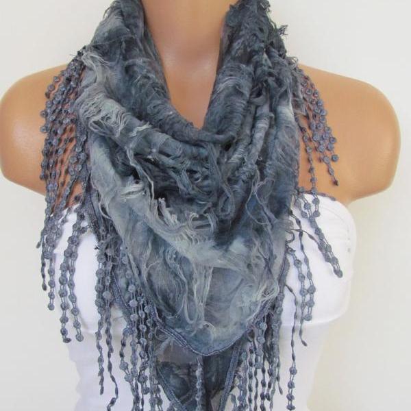Gray Scarf With Fringe -Triangle Shawl Scarf-Spring Fashion-Lace Scarf ...